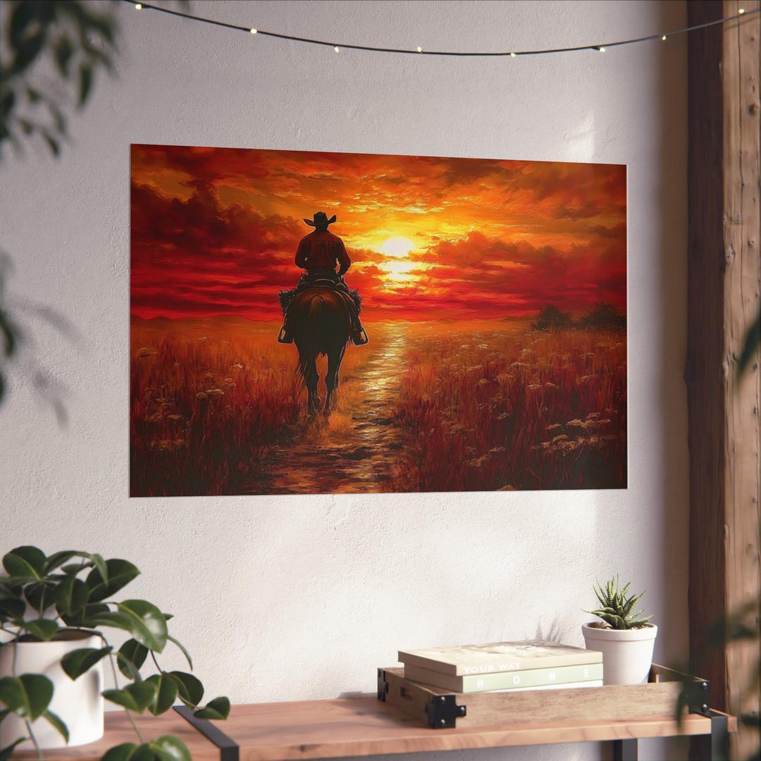 Rustic Cowboy Sunset Art Print, Western Fine Art Poster, Horse Lover ...