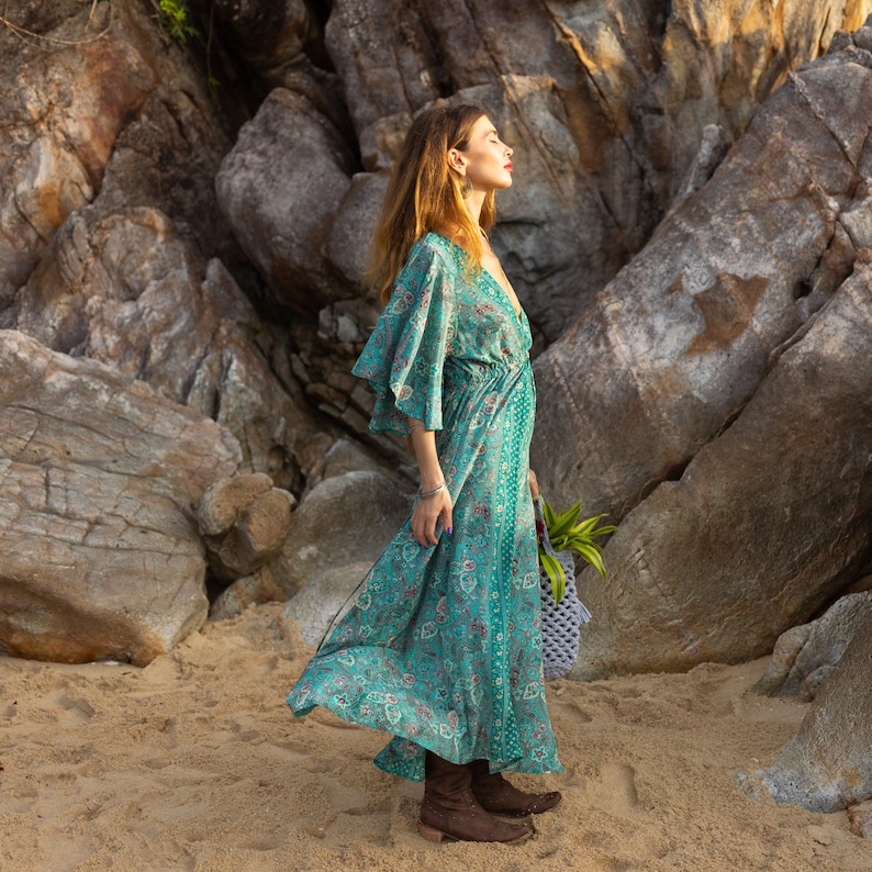 Handmade Sienna Sage Boho Dress: Silk Blend V-neck Maxi - Etsy