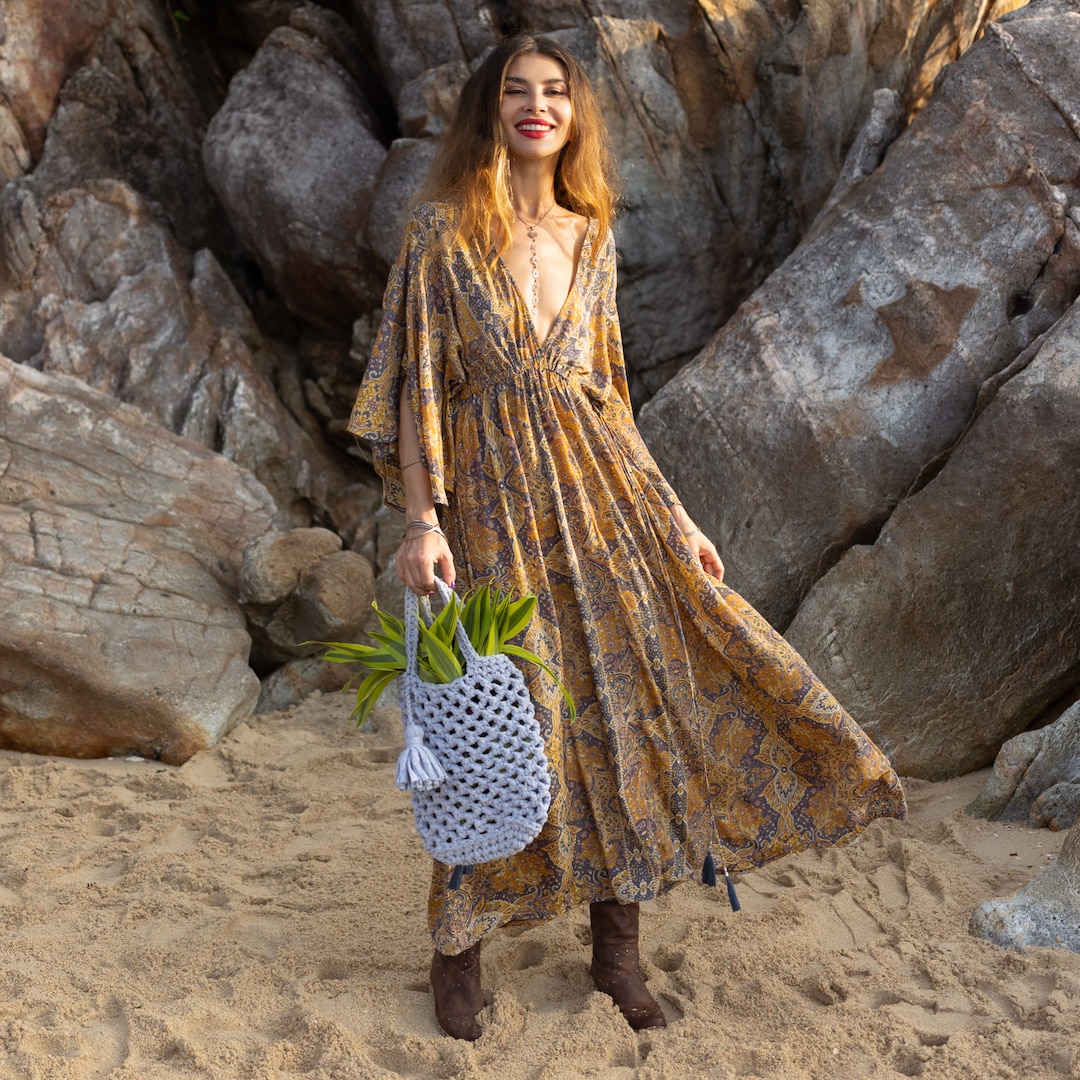 Sienna Sage Boho Dress: Handmade Silk Blend Maxi With V-neck - Etsy