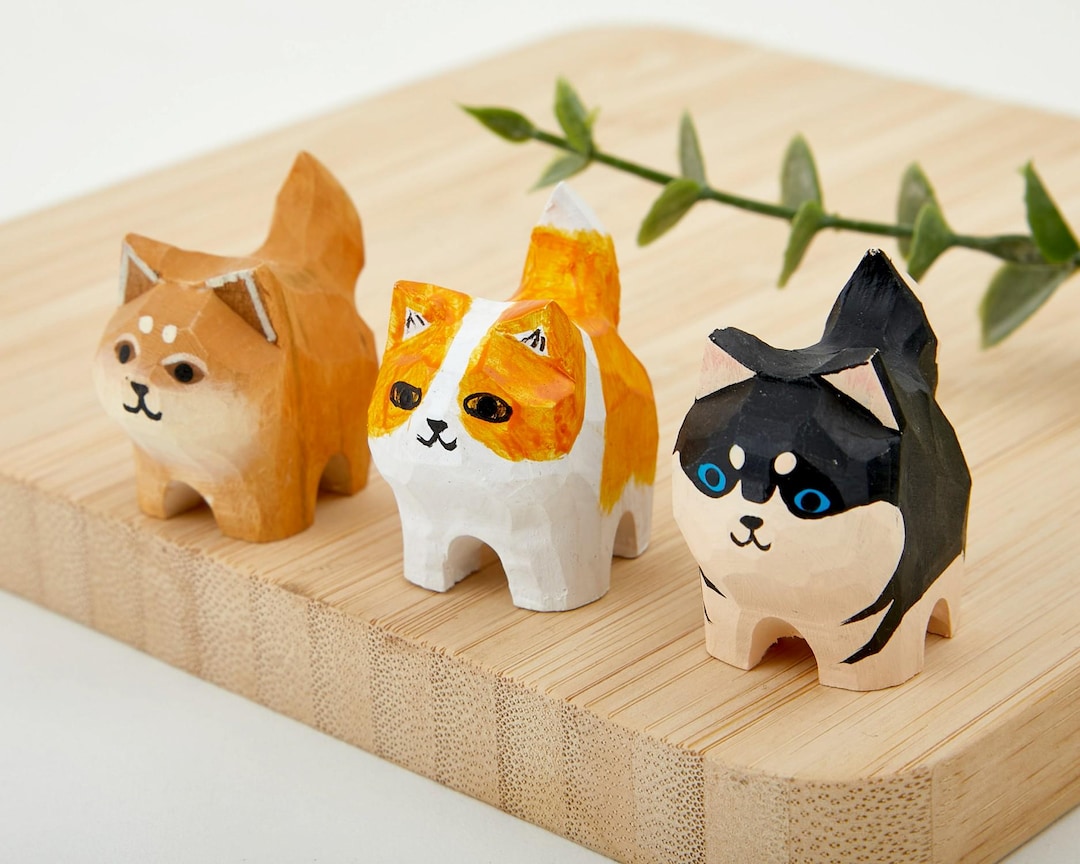 Handmade Wooden Cat and Dog Figurine,8 Styles Hand Carving Wooden Pet ...