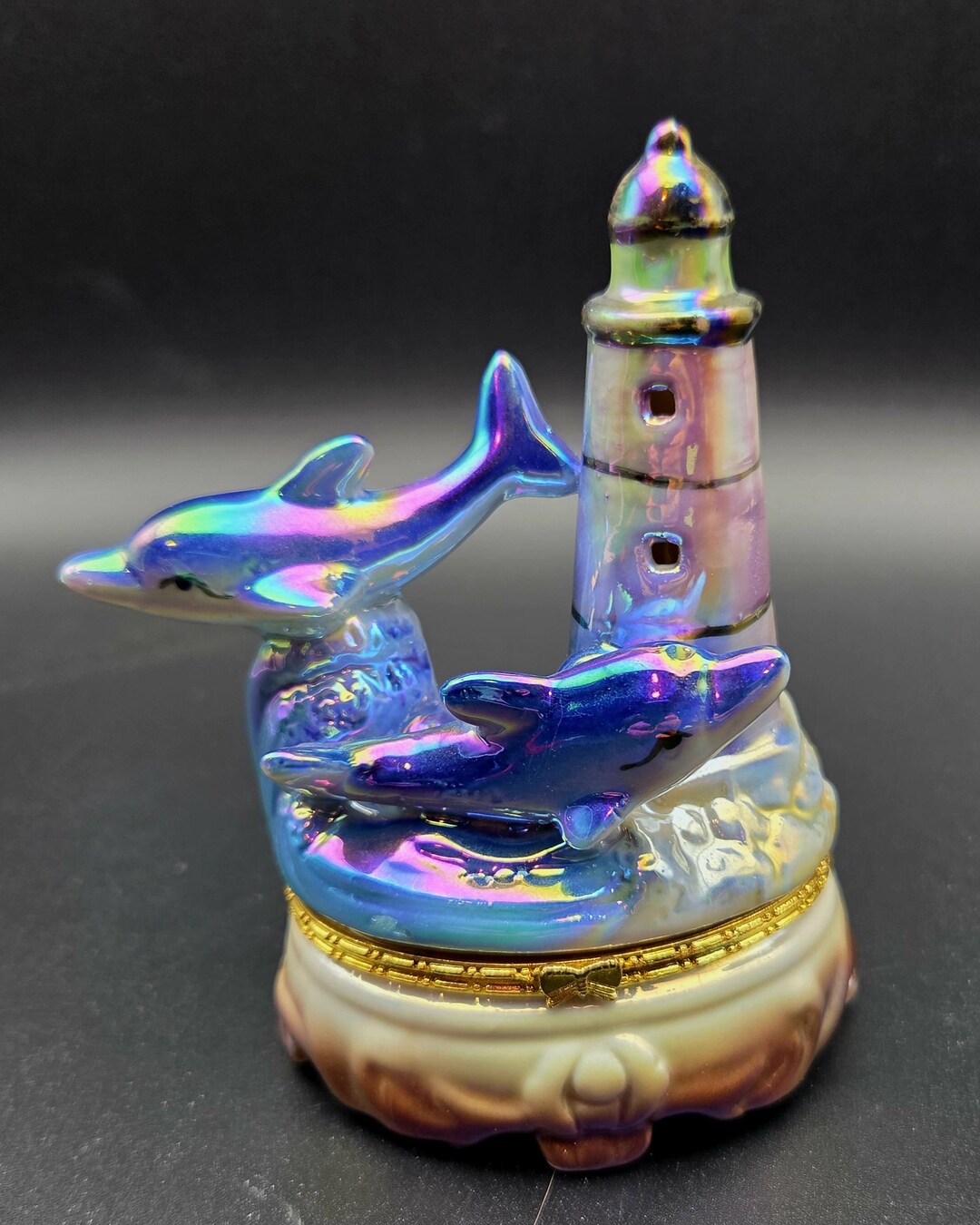 Trinket Box With Hinged Lighthouse and Dolphins Pearlescent Ceramic - Etsy