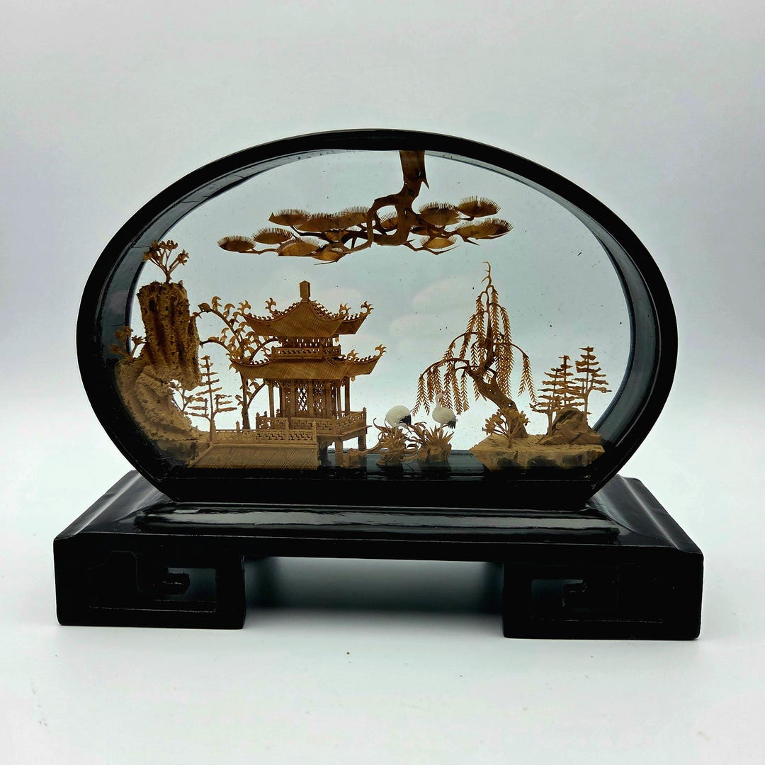 Vintage Chinese DIORAMA Cork Carving Oval Wooden Glass Case - Etsy