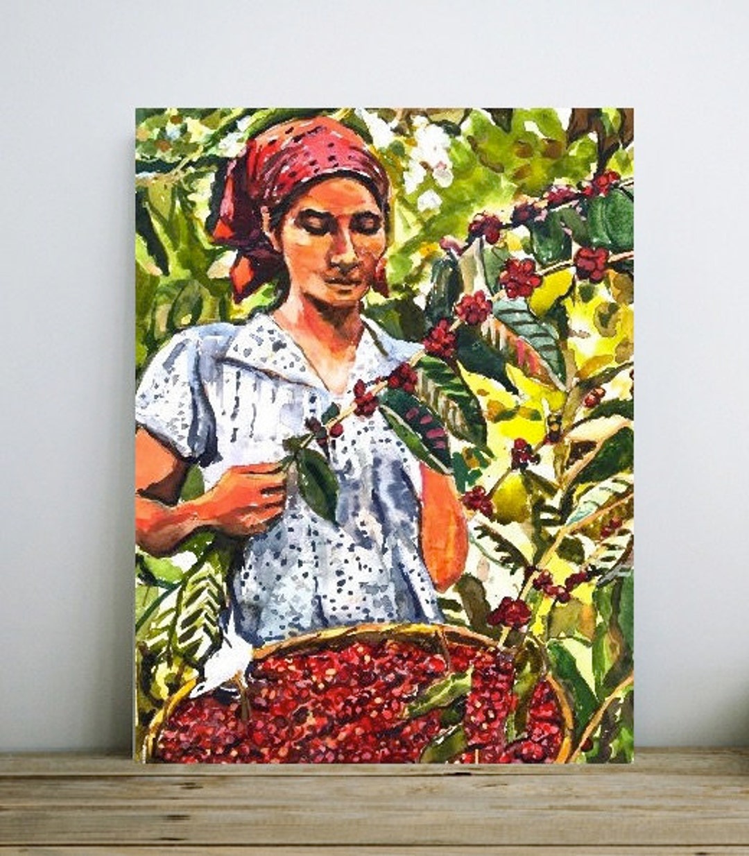 Colombian Woman Picking Coffee Beans. Coffee Picker. Watercolor Print ...