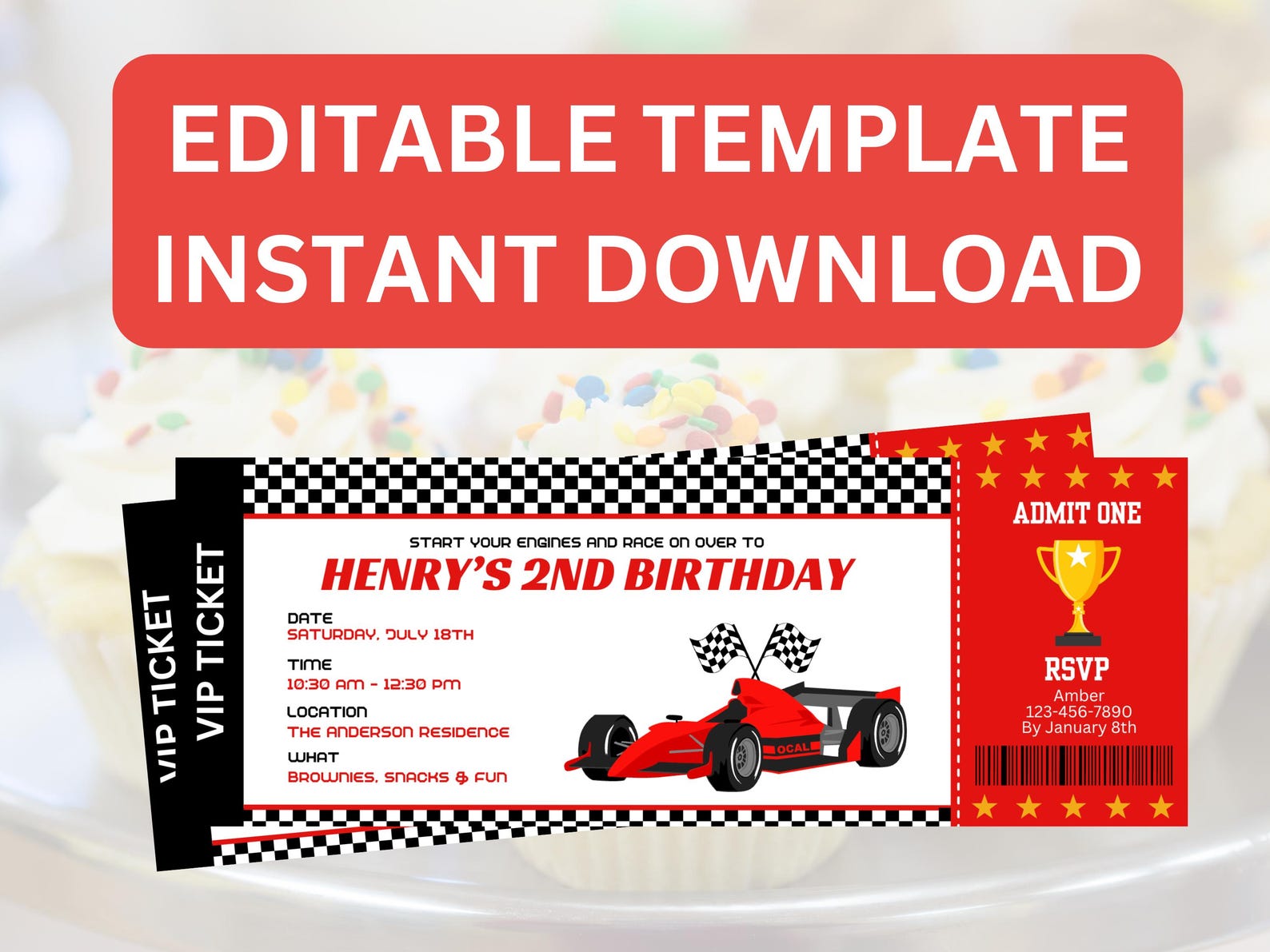 Editable Racing Birthday Invitation; VIP Pass; VIP Ticket; Racecar ...
