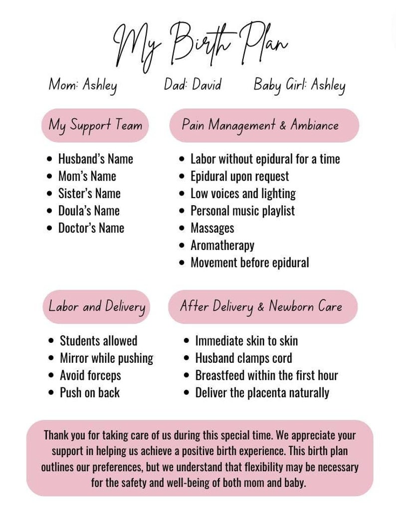 Editable Birth Plan, Birth Plan Template, Birth Preferences, Simple ...
