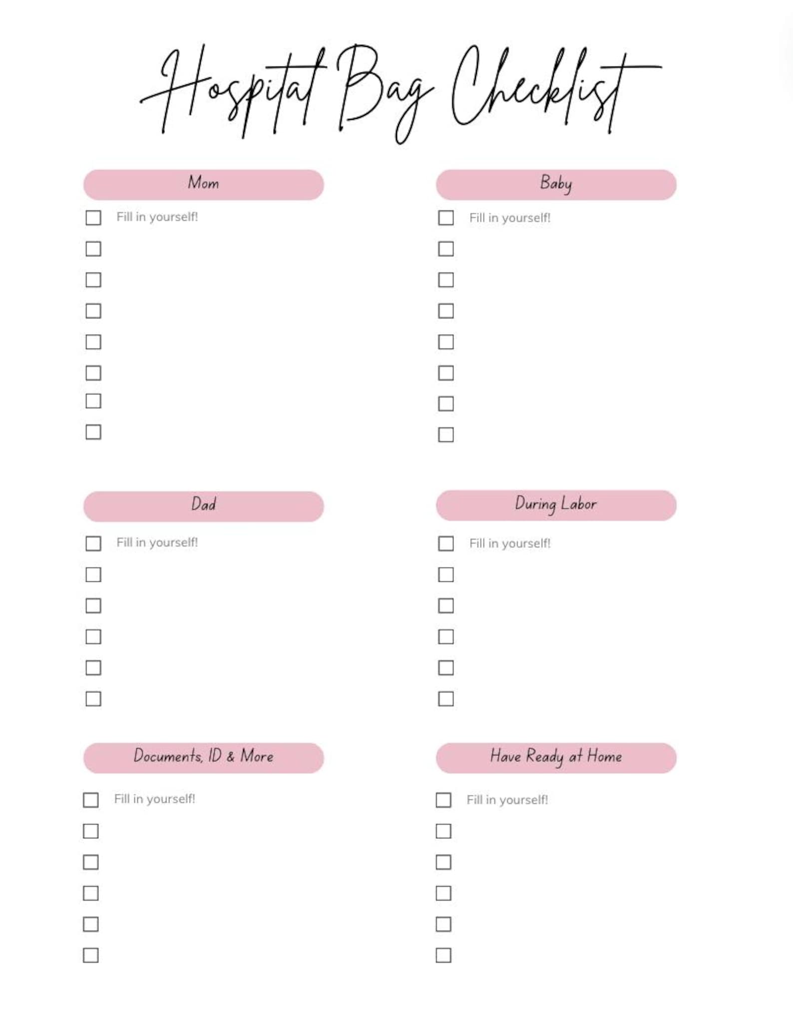 Editable Hospital Bag Checklist: Printable Birthing Packing List ...