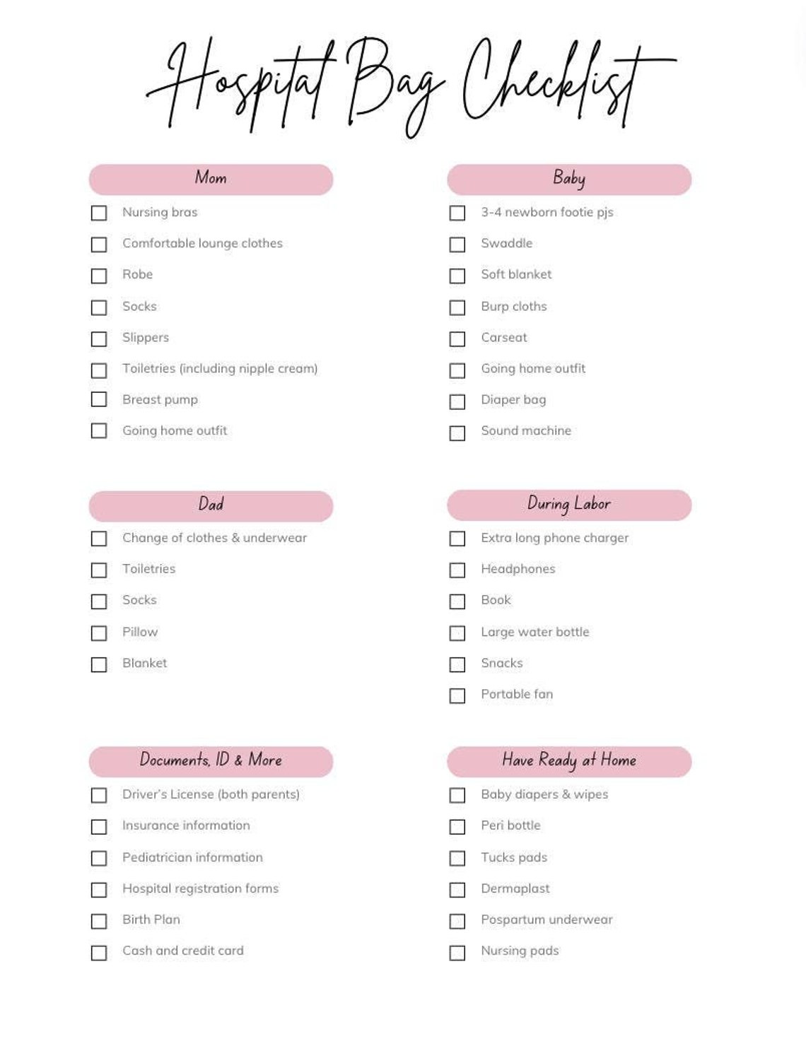 Editable Hospital Bag Checklist, Printable Birthing Packing List ...