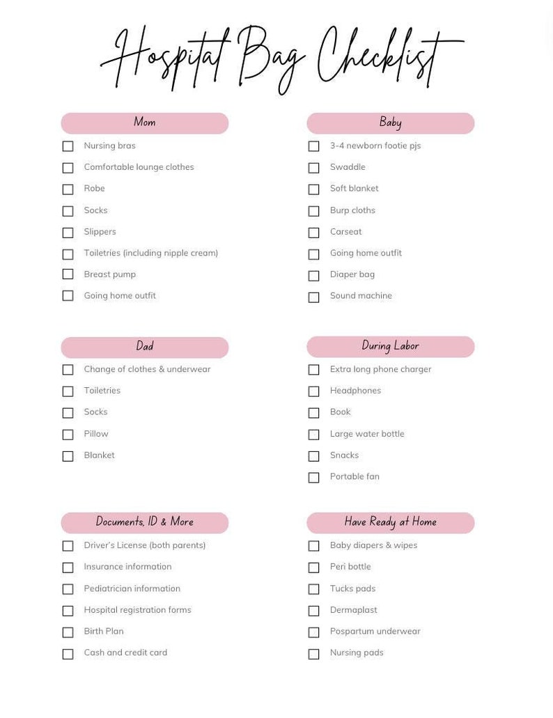 Editable Hospital Bag Checklist: Printable Birthing Packing List ...