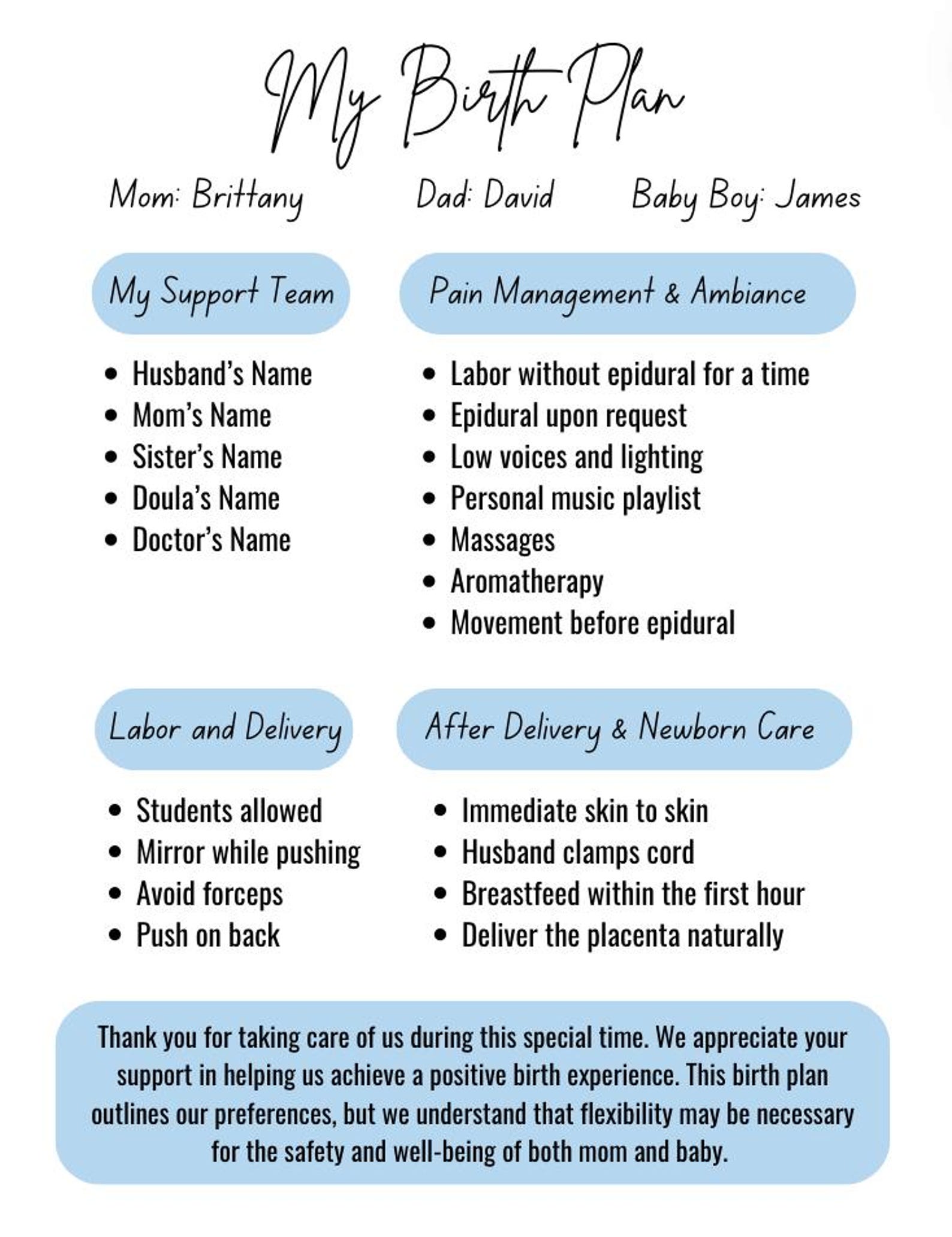 Editable Birth Plan Template: Labor & Delivery Preferences (canva ...
