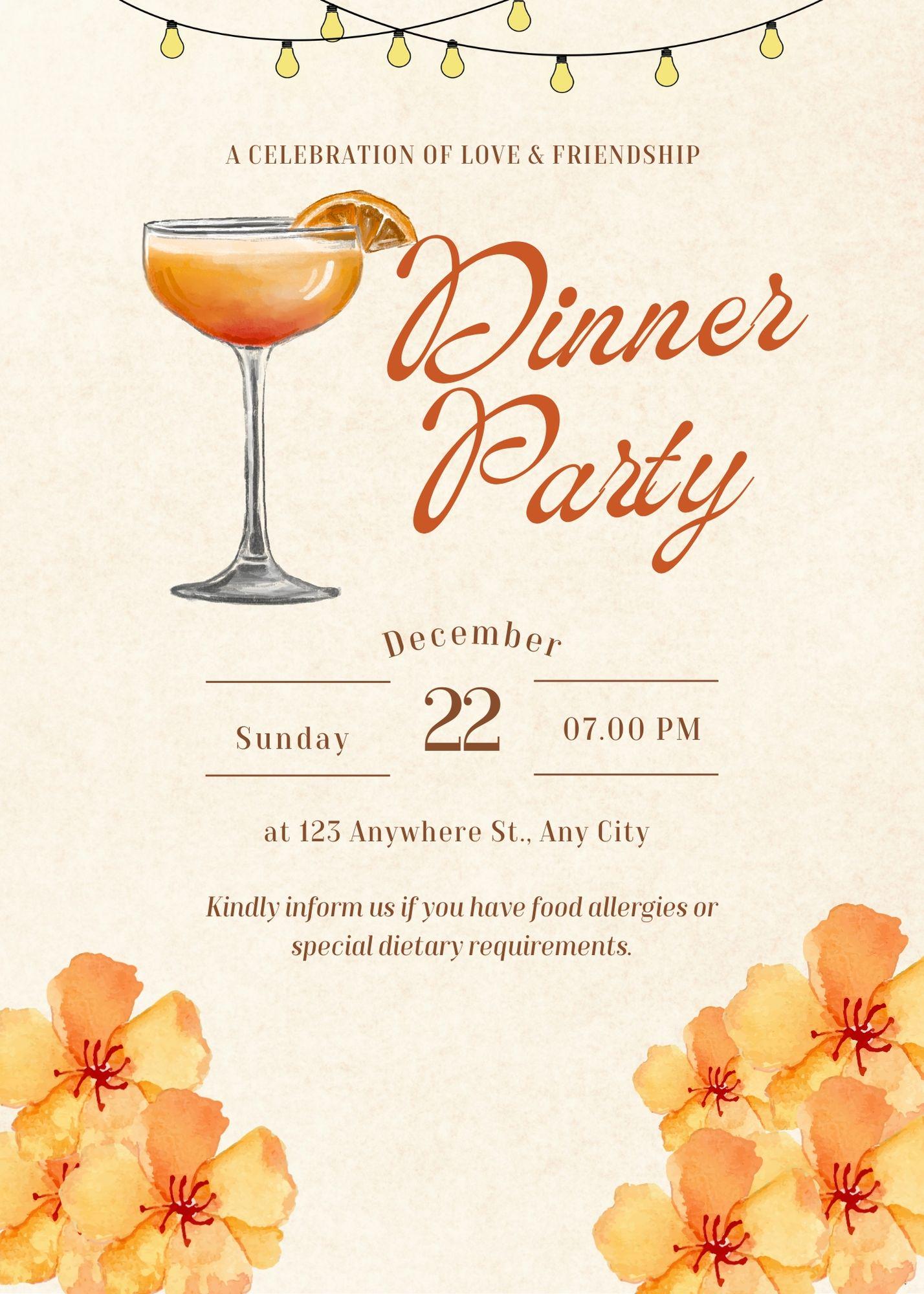 Dinner Party Invitation Template, Dinner Invite, Birthday Dinner ...