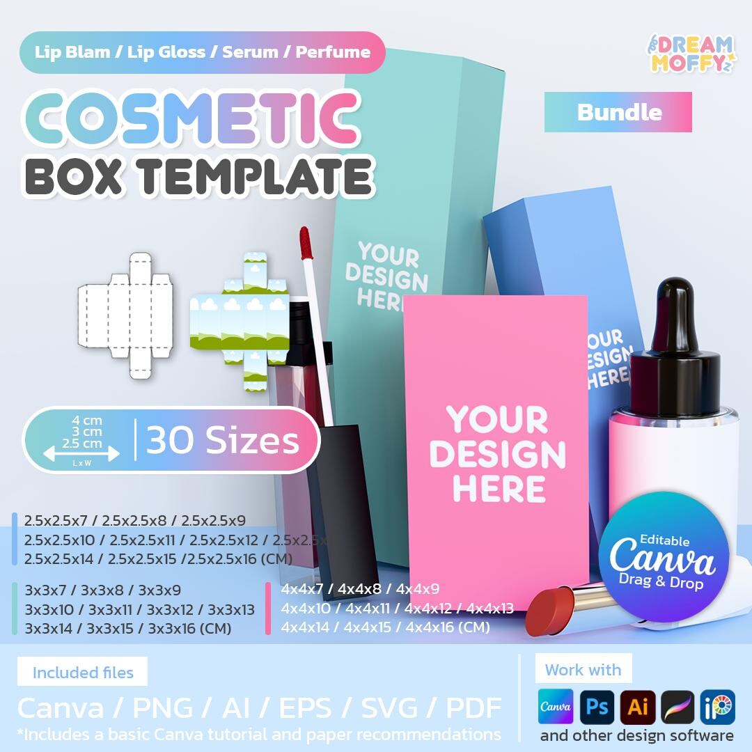 Lip Gloss Lip Balm Cosmetic Box Template 30 Sizes Printable Packaging ...