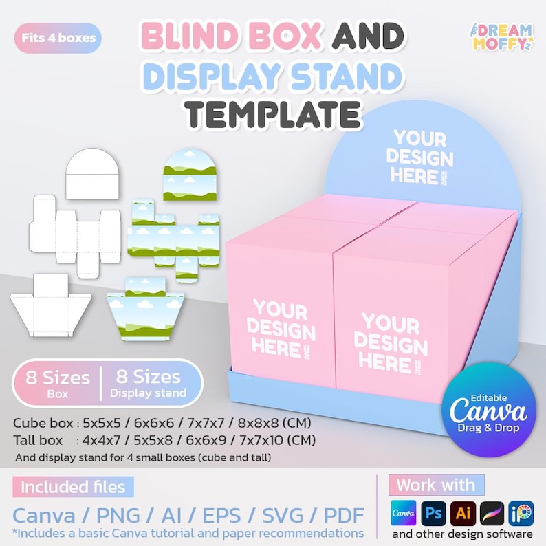 Small Blind Box and Display Stand Box Canva Template Editable DIY ...