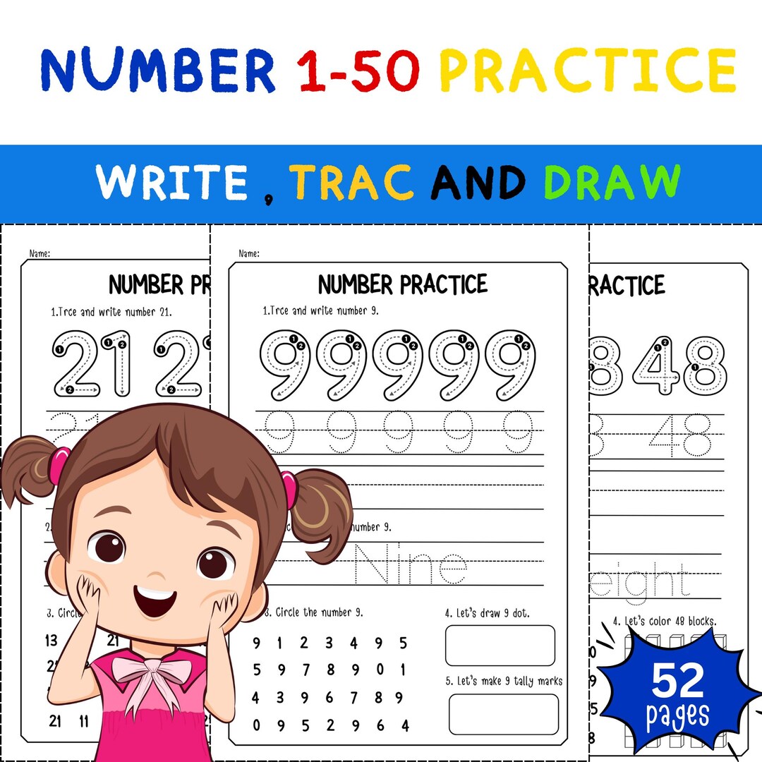 Number 1-50 Practice Worksheets - Write, Trace, and Draw Activities for ...