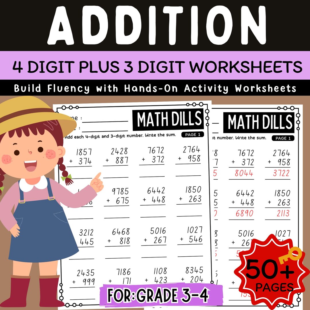 Addition Worksheets: 4-digit + 3-digit Fluency (grades 3-4) (PDF) - Etsy