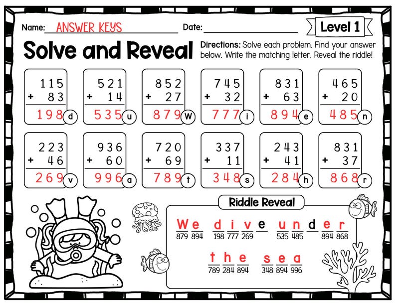 3-digit + 2-digit Addition Worksheets | Solve & Reveal Math Riddles ...