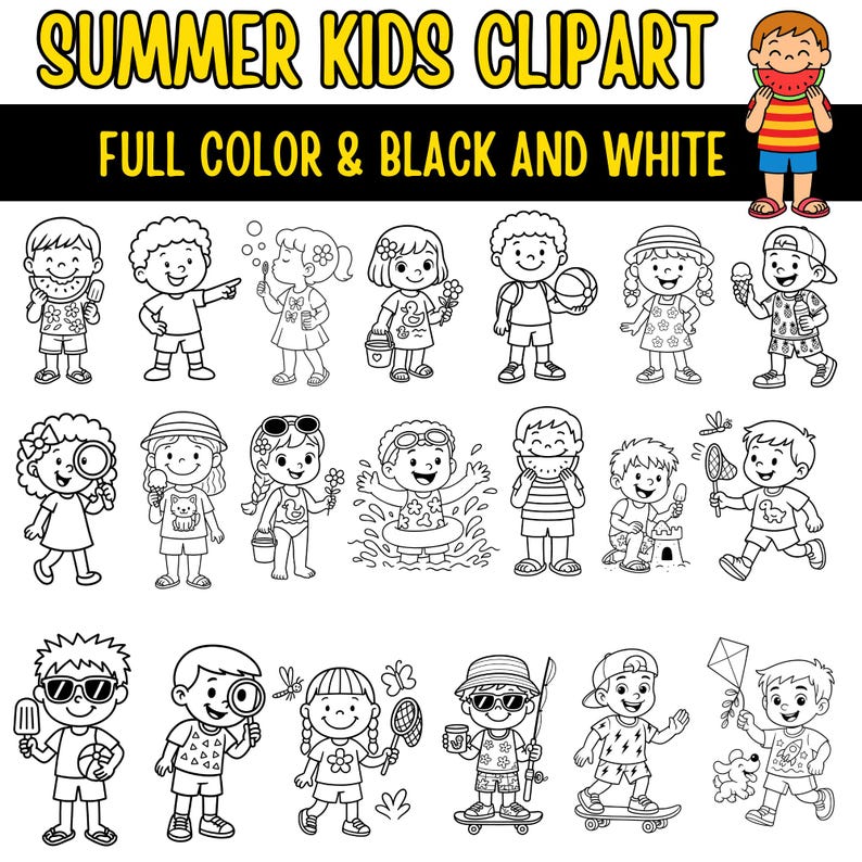 Summer Kids Clipart | 44 Images (full Color & Black and White) - Etsy