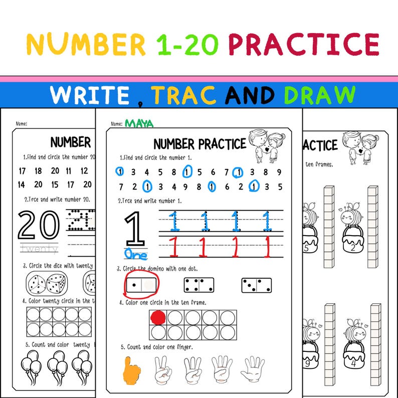 Number 1-20 Practice Worksheets - Etsy