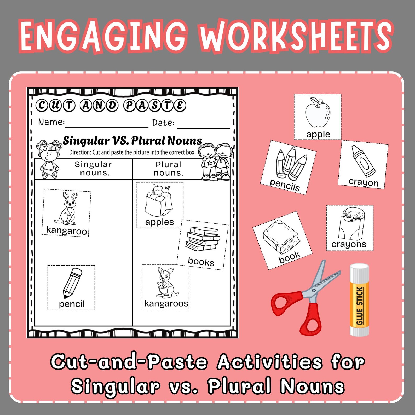 Singular Vs. Plural Nouns Worksheets | Cut and Paste & Grammar Practice ...