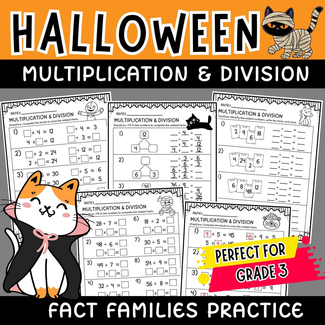 Halloween Multiplication & Division Fact Families Worksheets | No Prep ...