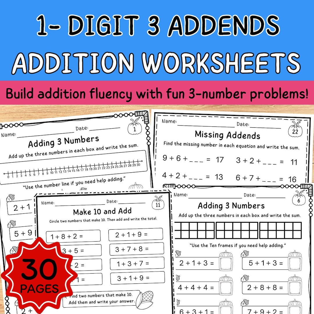 1st Grade Addition Worksheets | Number Line, Ten Frames (PDF) - Etsy