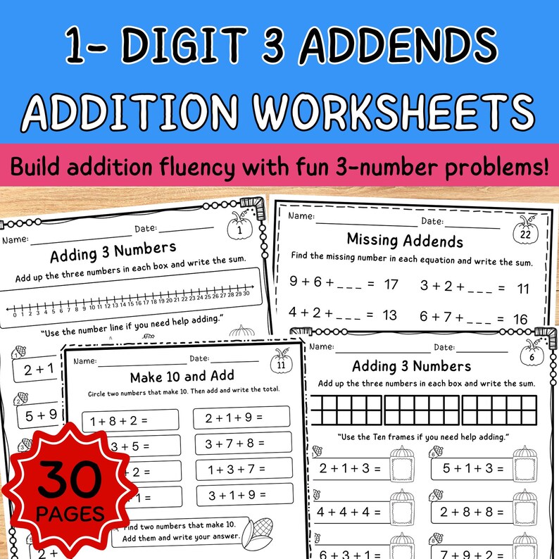 1st Grade Addition Worksheets | Number Line, Ten Frames (PDF) - Etsy