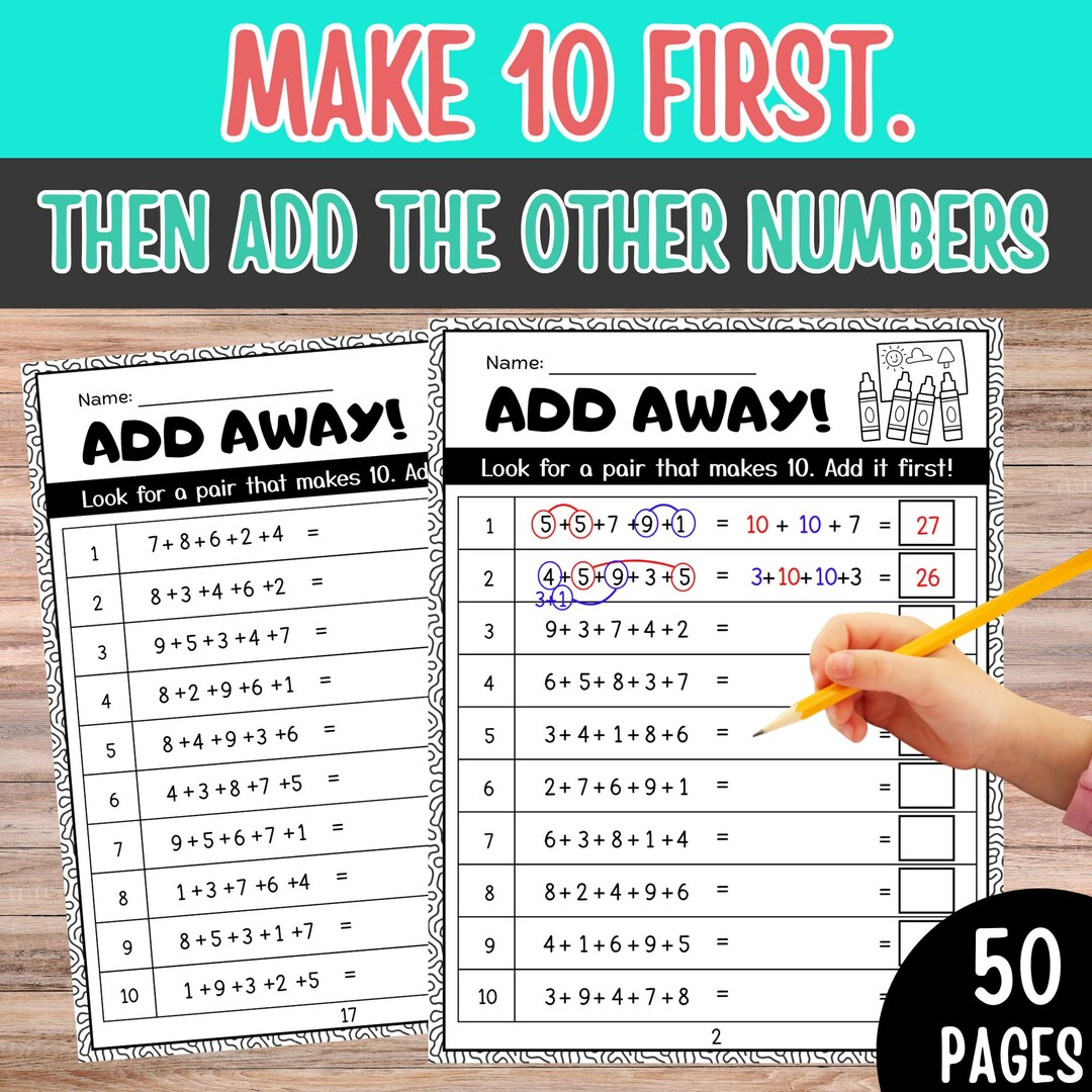 1-digit, 5-addend Addition Practice | Make 10 First! | Grade 1| Grade 2 ...