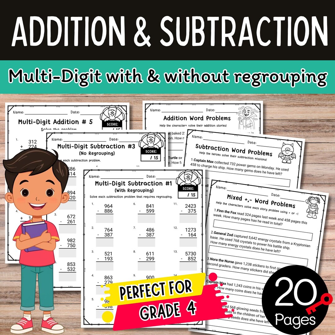4th Grade Multi-digit Addition & Subtraction Worksheet Practice Set - Etsy