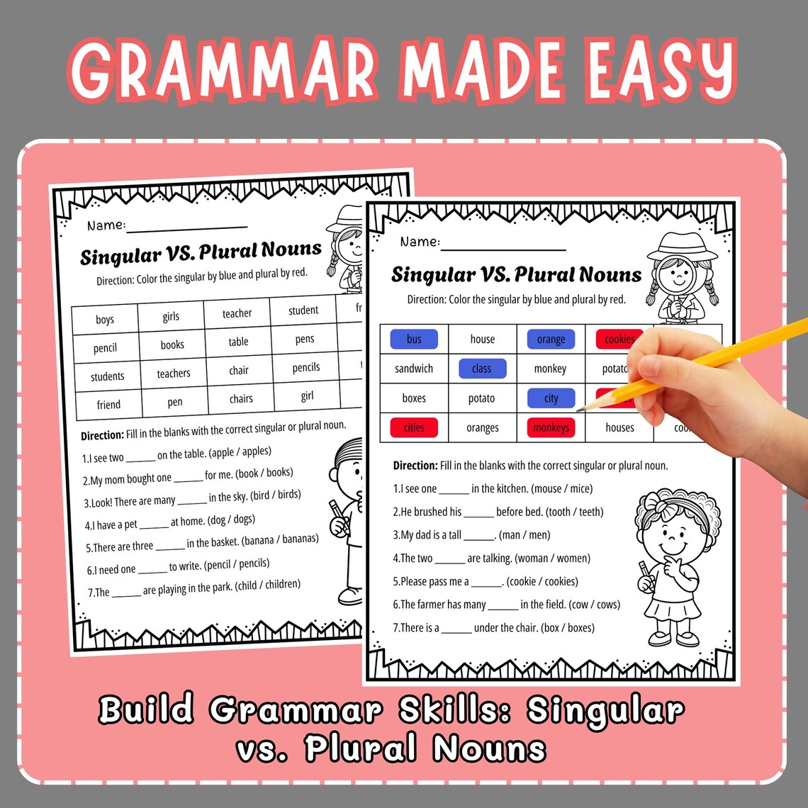Singular Vs. Plural Nouns Worksheets | Cut and Paste & Grammar Practice ...