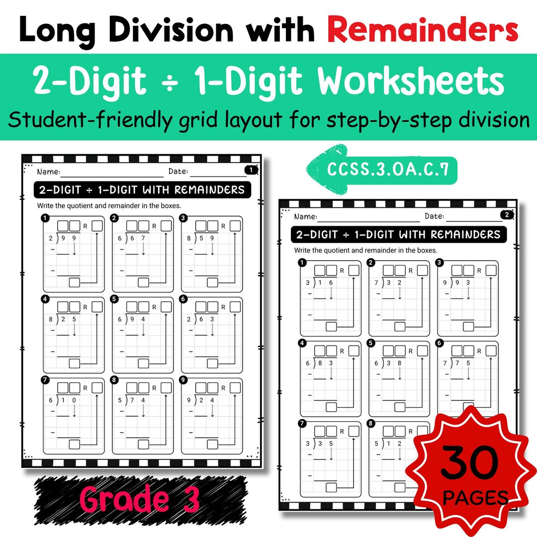2-digit by 1-digit Division With Remainders Worksheets | Long Division ...