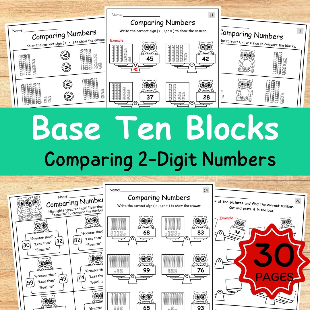 Base Ten Blocks – Comparing 2-digit Numbers Worksheets | 30 Pages - Etsy