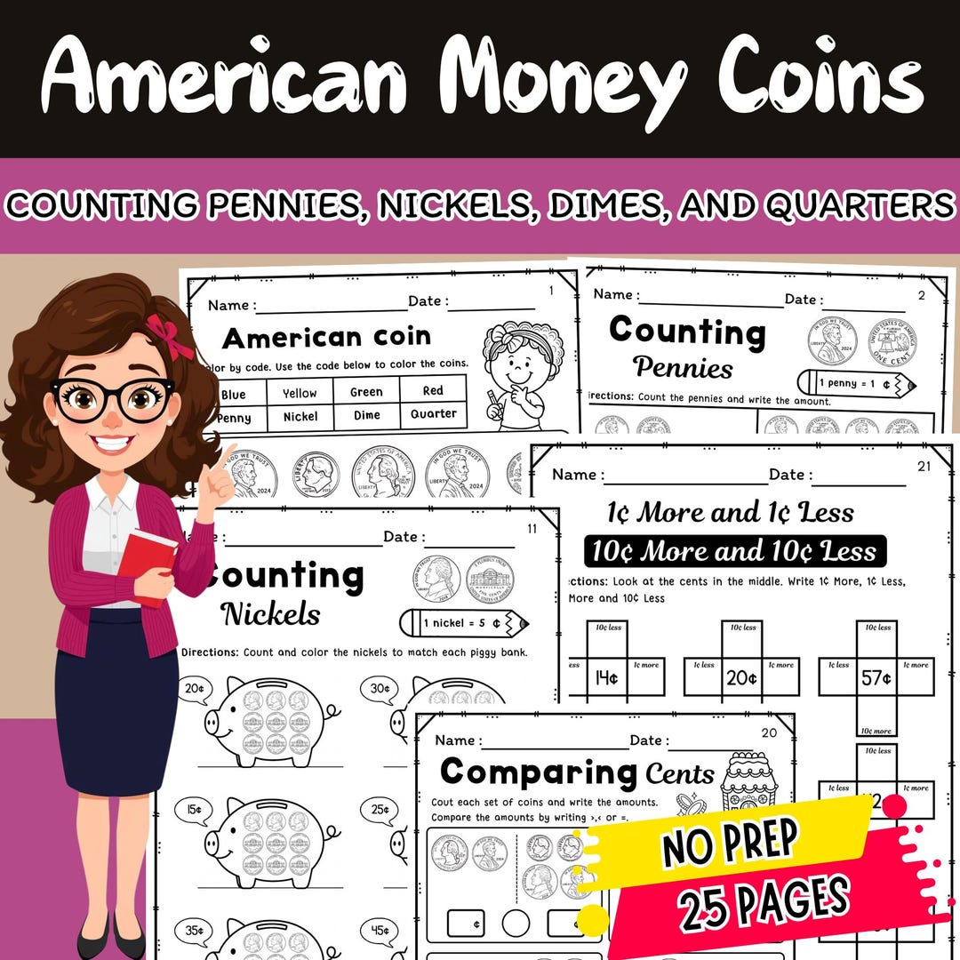 American Money Coins Worksheets | Counting Pennies, Nickels, Dimes, and ...