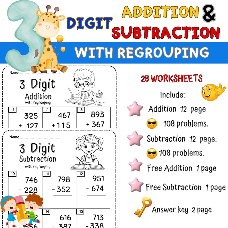 3 Digit Addition and Subtraction Worksheet - Etsy