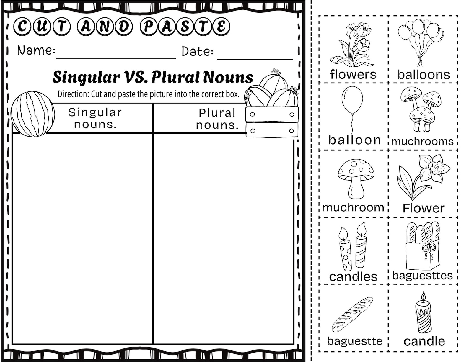 Singular Vs. Plural Nouns Worksheets | Cut and Paste & Grammar Practice ...