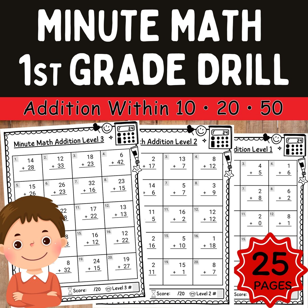 Minute Math Addition Drill – 1st Grade | 3 Levels (within 10, 20, 50 ...