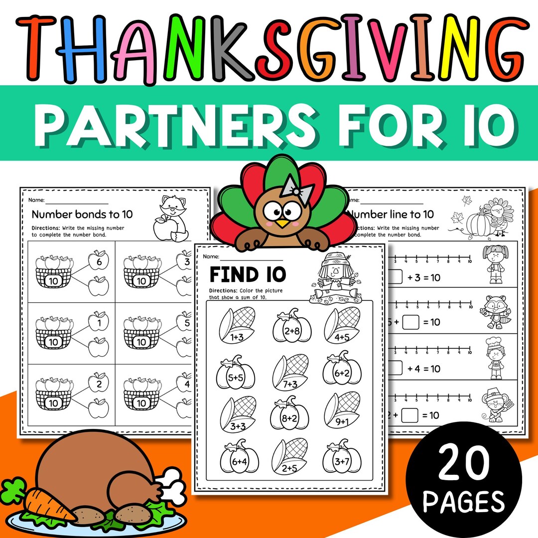 Thanksgiving Partners for 10 Worksheets | Kindergarten 1st Grade (20 ...