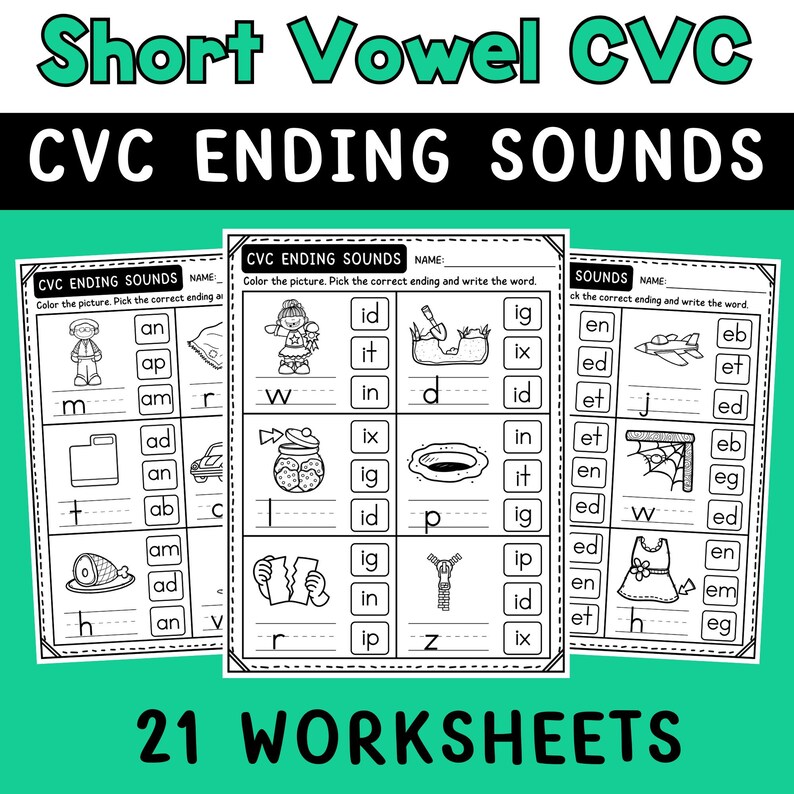 CVC Worksheets | Short Vowel a E I O U | Ending Sounds & Cut and Paste ...