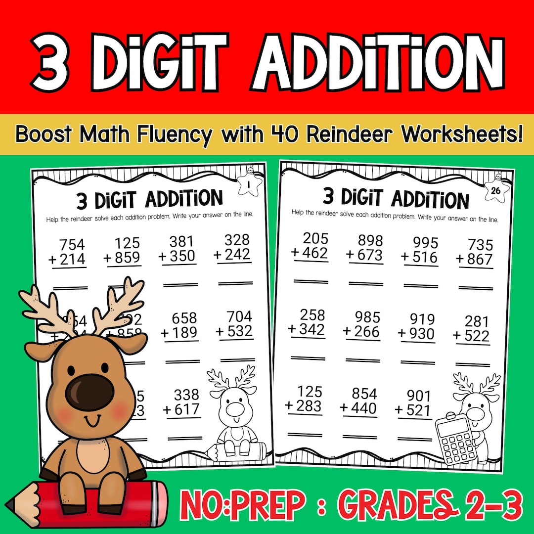 3-digit Addition Worksheets | Christmas Reindeer Theme | 40 Pages + 40 ...