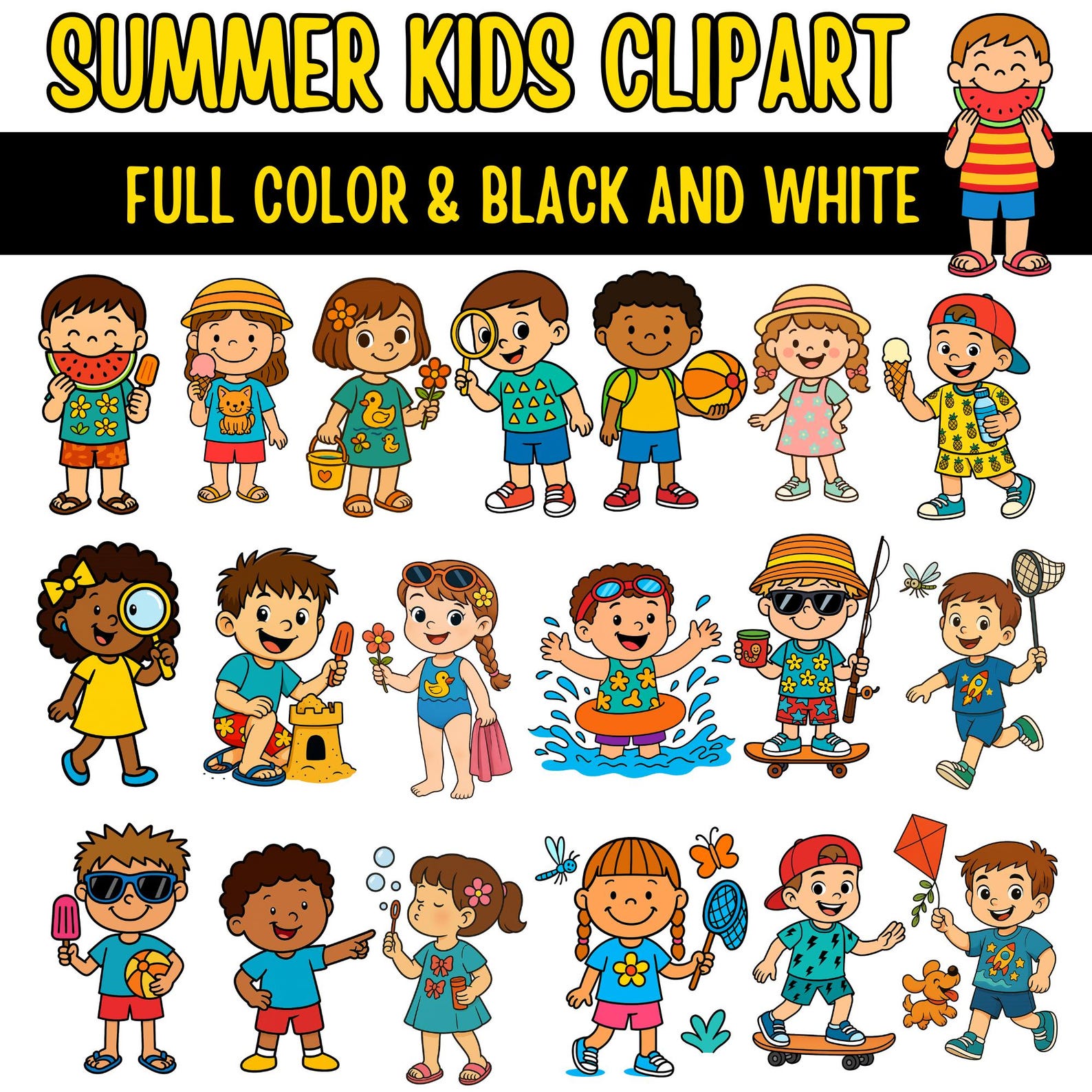 Summer Kids Clipart | 44 Images (full Color & Black and White) - Etsy