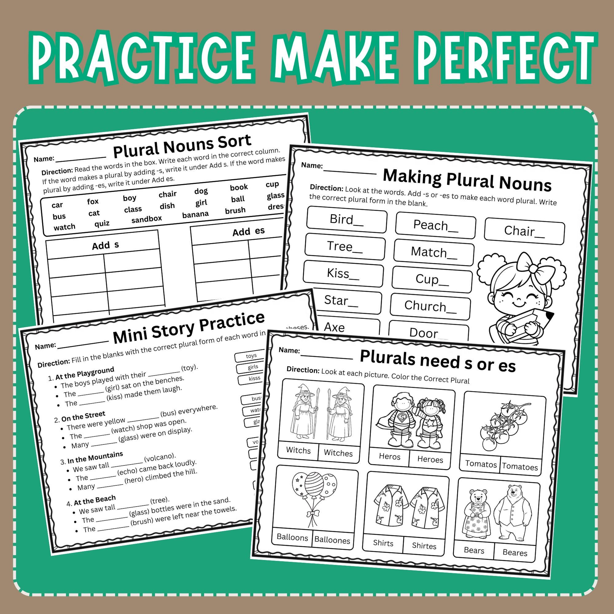 Plurals With -s and -es | Sorting, Coloring, and Mini Story Practice - Etsy