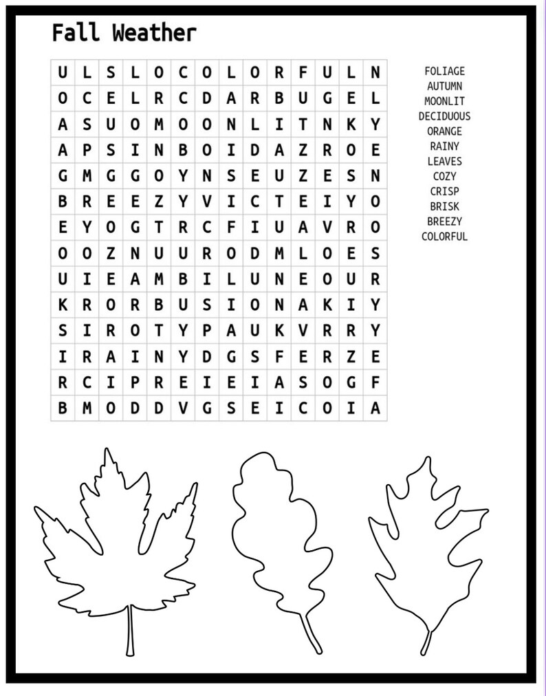 Fall Crossword Puzzles With Coloring - Etsy