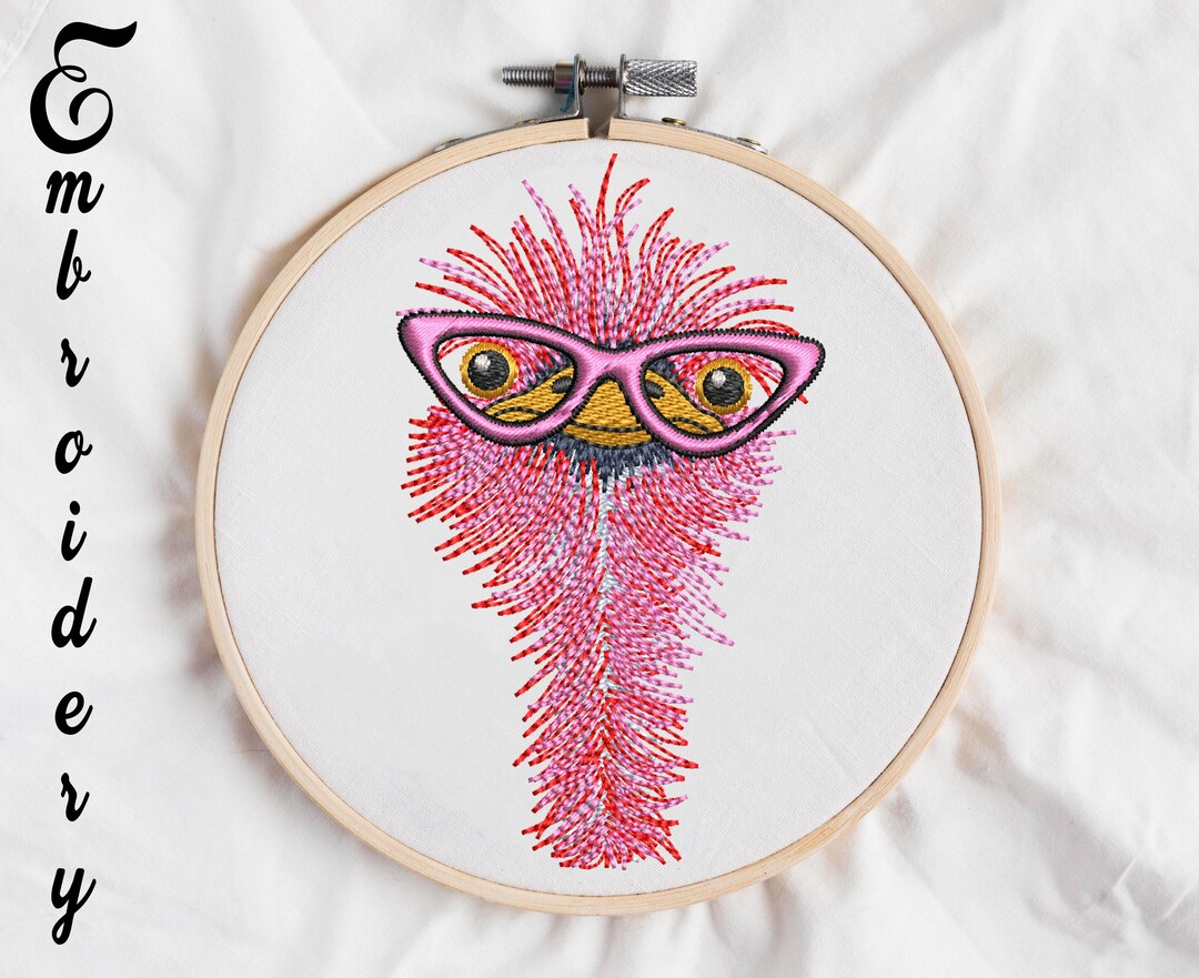 Ostrich With Glasses Pink Embroidery Embroidery, Bird Machine ...