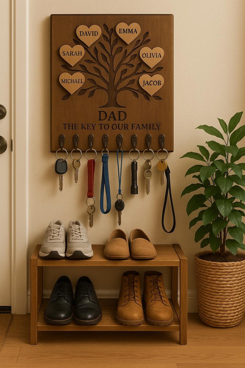 Personalized Family Tree Key Holder for Dad – Custom Wooden Wall Plaque ...