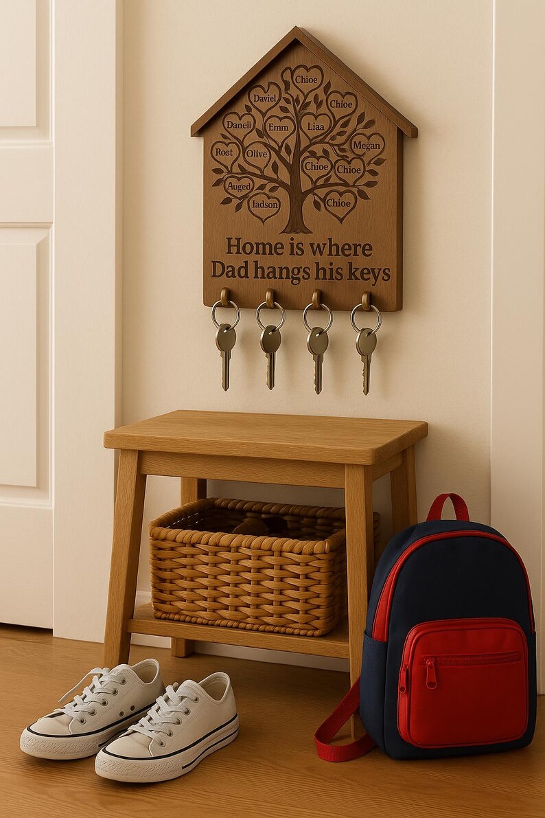 Personalized Family Tree Key Holder for Dad – Custom Wooden Wall Plaque ...