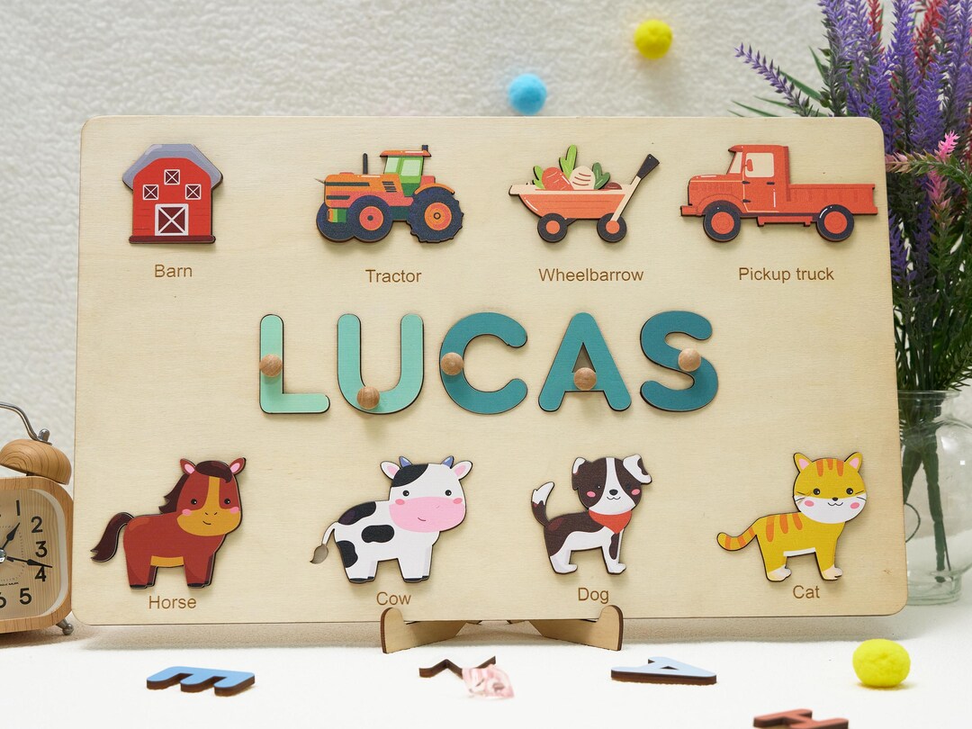 Farm Animal Name Puzzle Busy Board, Personalized Wooden Toy for ...