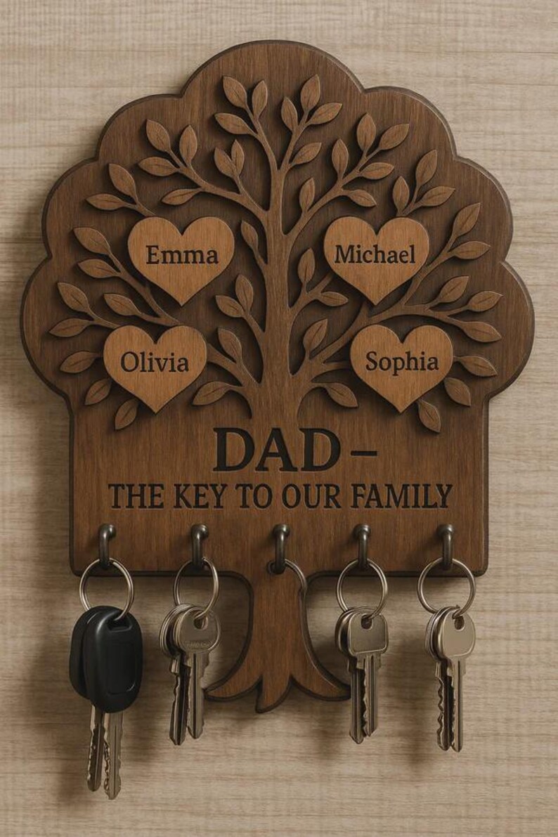 Personalized Family Tree Key Holder for Dad – Custom Wooden Wall Plaque ...