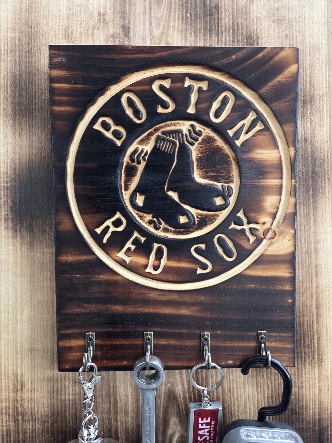 Handcrafted Boston Red Sox Key Rack | Torched Wood MLB Wall Decor - Etsy