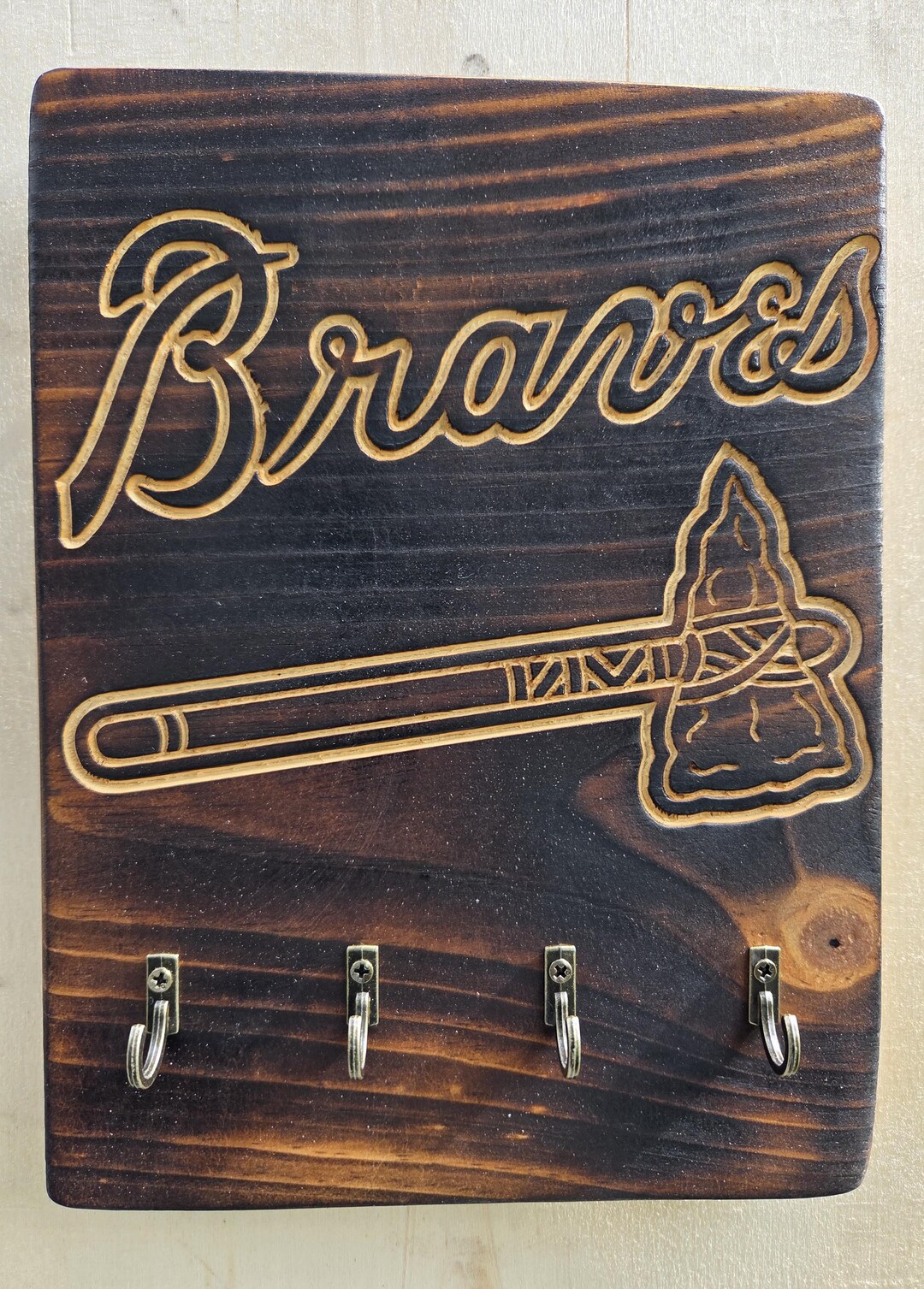 Atlanta Braves Key Holder | Torched Wood Wall Decor With Hooks ...