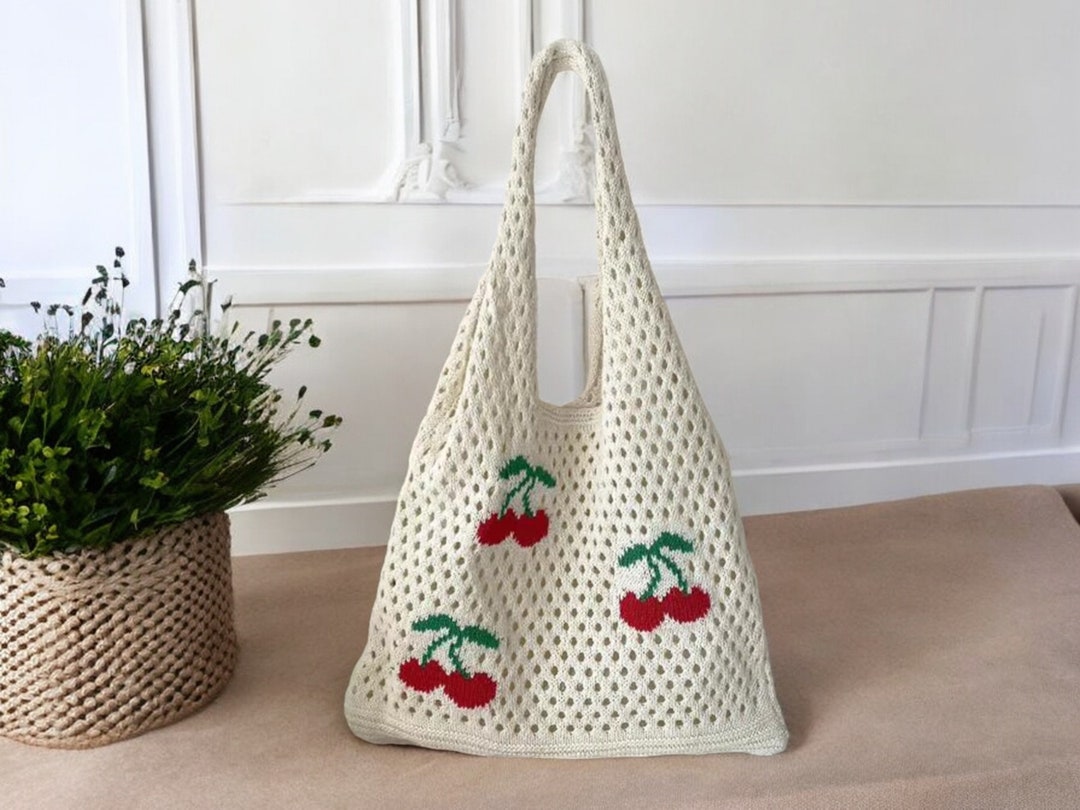 Strawberry Cherry Crochet Shoulder Bag Women's Large Shopping Tote ...