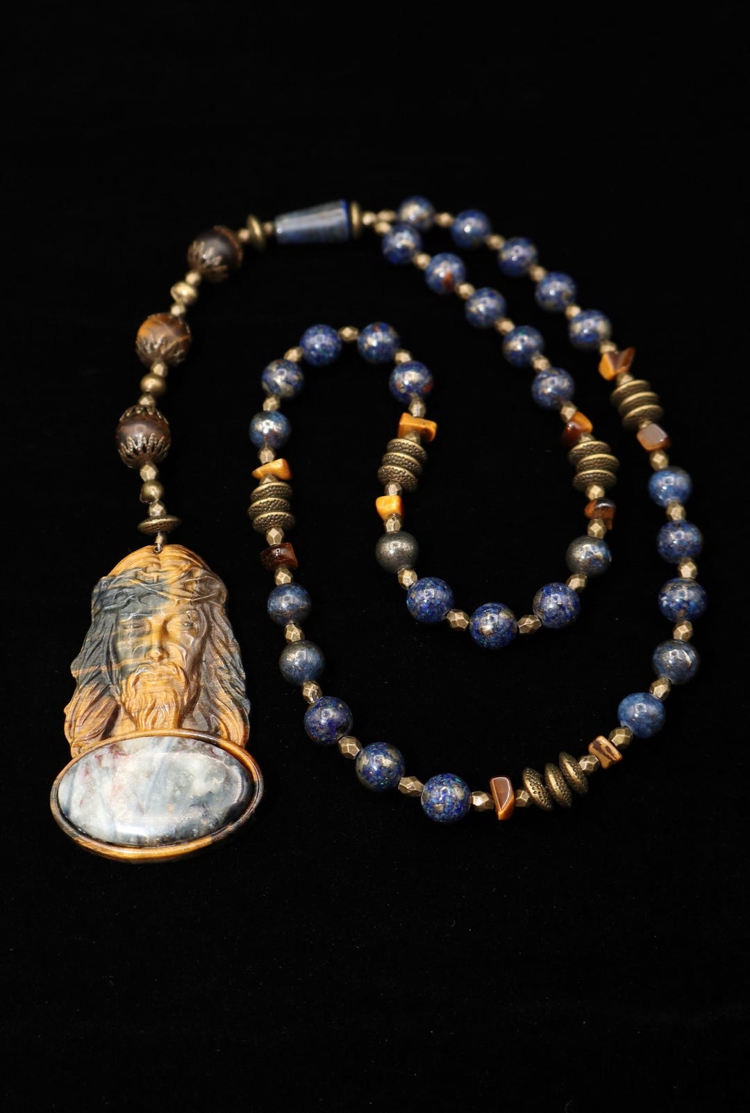 Lapis Lazuli Pyrite, Carved Tiger Eye Holy Face of Jesus, Bronze ...