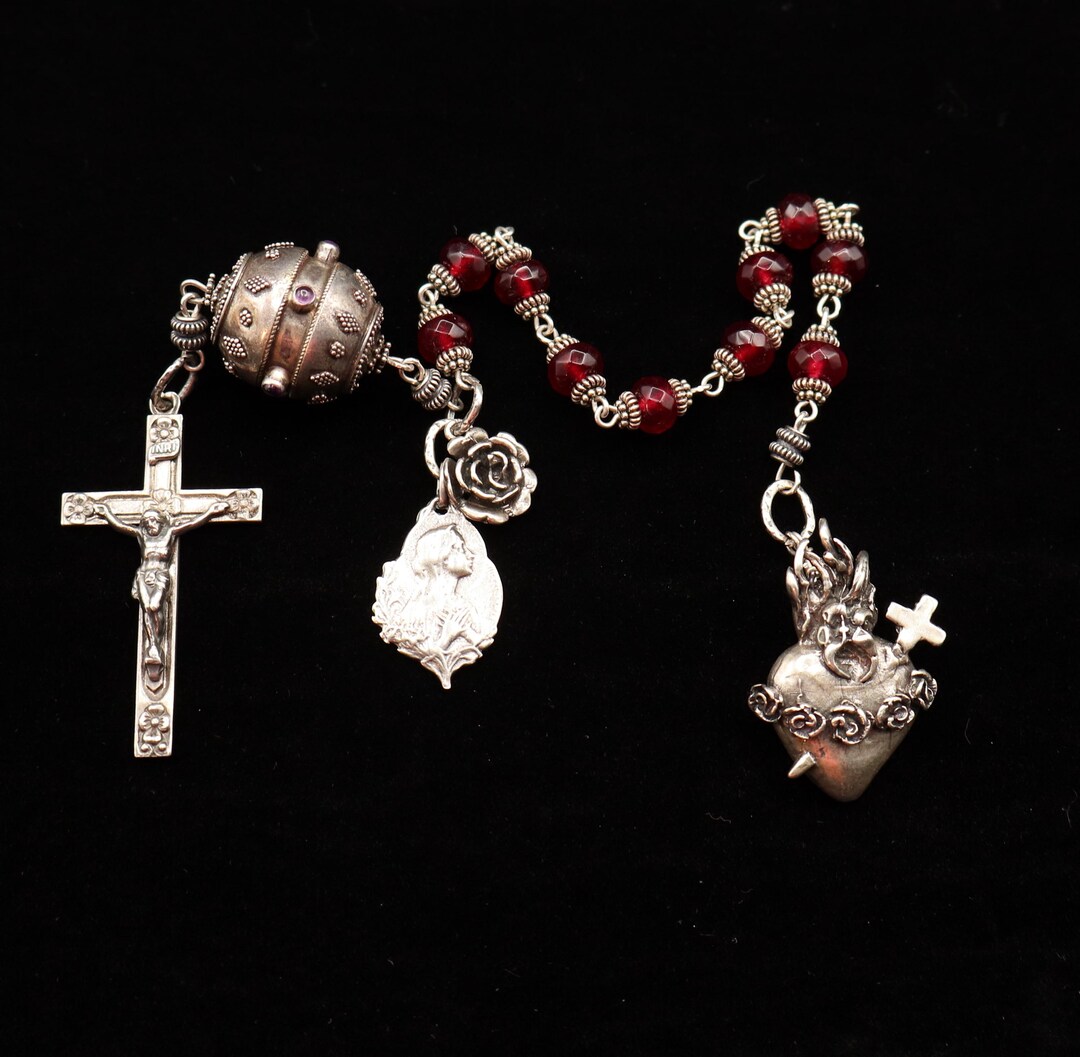 Rare Vintage Sterling Silver Rosary Chaplet With Rose, Sacred Heart ...